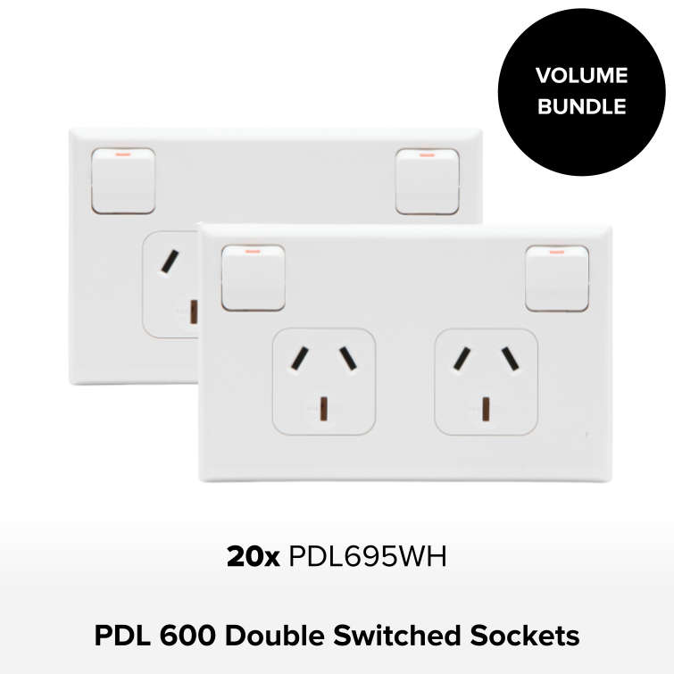Bundle - PDL 600 Series Socket Outlet, Twin switched, Assembled, Horiz ...
